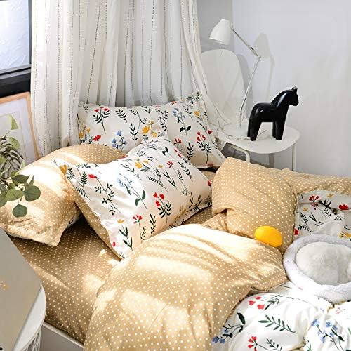 ARIGHTEX Red Yellow Floral Microfiber Bedding Comforter Cover Set Full Size Nature Botanical Quilt Cover Green Leaves Printed Duvet Cover with Zipper Closure (3 Piece)
