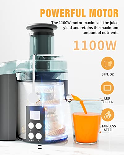 Centrifugal Juicer Machine - LCD Monitor 1100W Juice Maker Extractor, 5-Speed Juice Processor Fruit and Vegetable, 3" Feed Chute Stainless Steel Power Juicer, Easy Clean, BPA Free (Black)