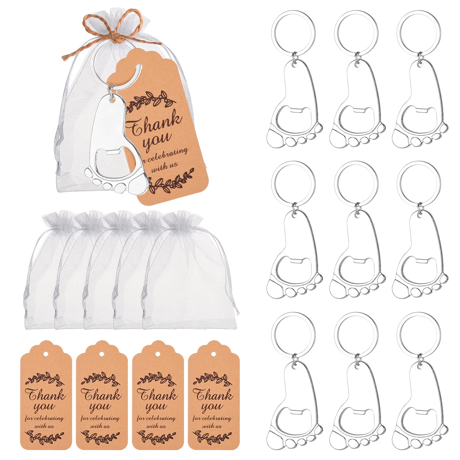 50PC Footprint Keychain Bottle Opener Baby Shower for Guest Baby Shower Souvenirs, Gifts, Supplies and Decorations, Baby Shower Souvenirs with Organza Bag Thank You Tag 20m String (Silver)