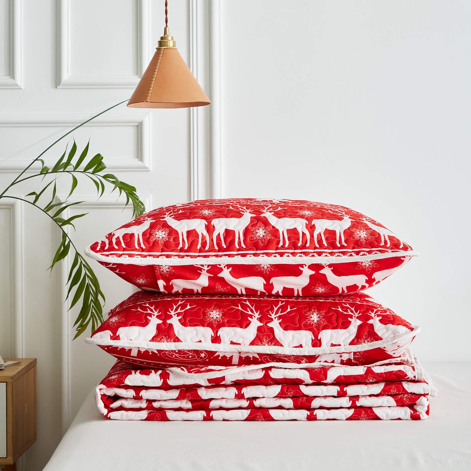 3 Pieces Quilt Set Christmas Red and White Deer with Snowflake King Size Full Queen 88"x88" Soft Microfiber Lightweight New Year Holiday Style Reversible