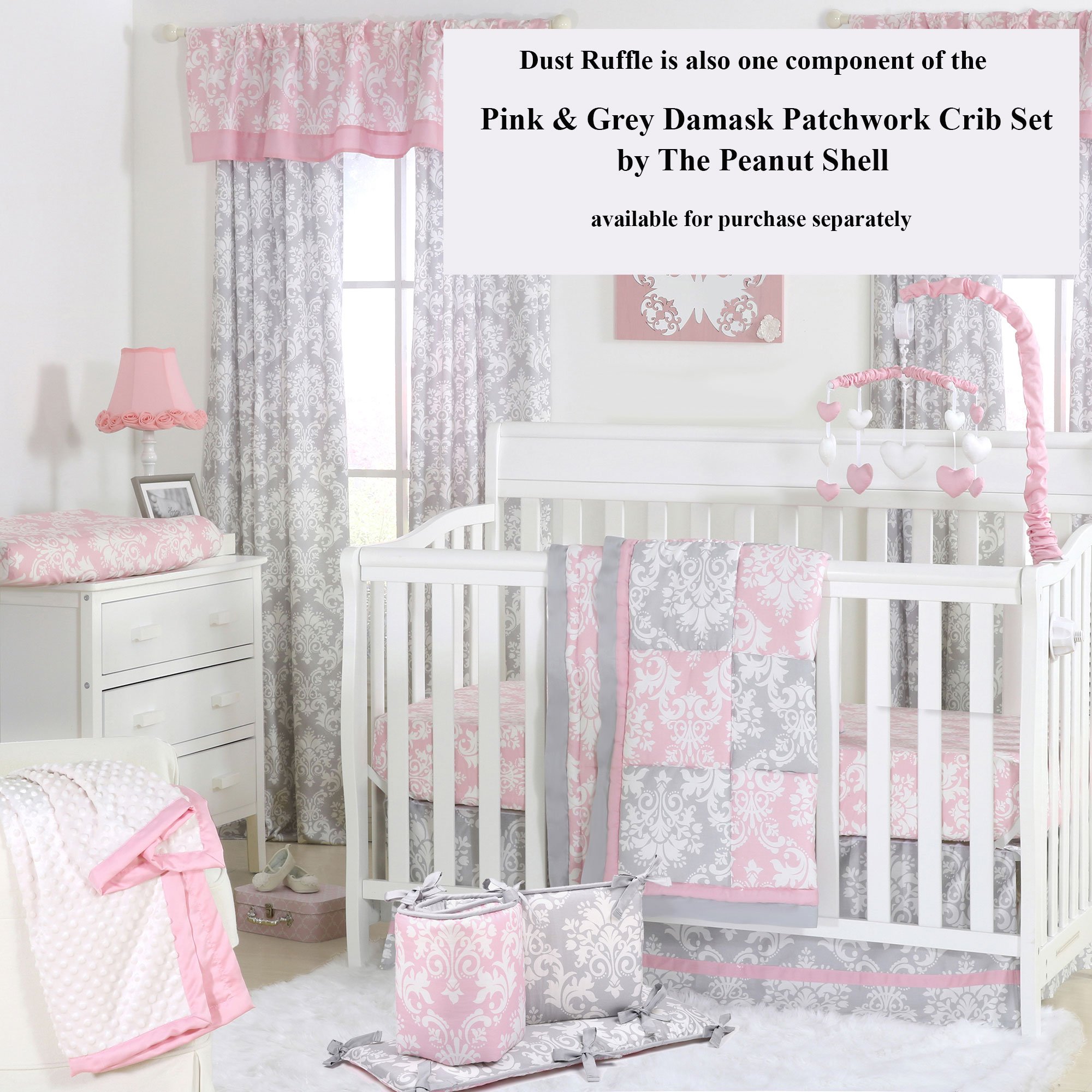 Grey Damask Tailored Crib Dust Ruffle with Pink Accents by The Peanut Shell