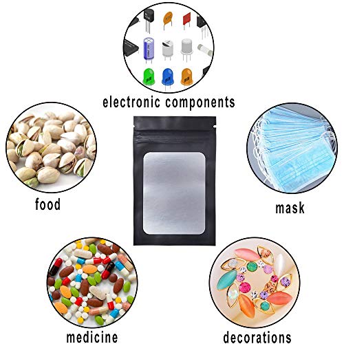 STUs 100 Pack Smell Proof Bags - 3 x 4.7 Inch Resealable Mylar Bags with Clear Window Foil Pouch Bag Flat Bag Matte Black