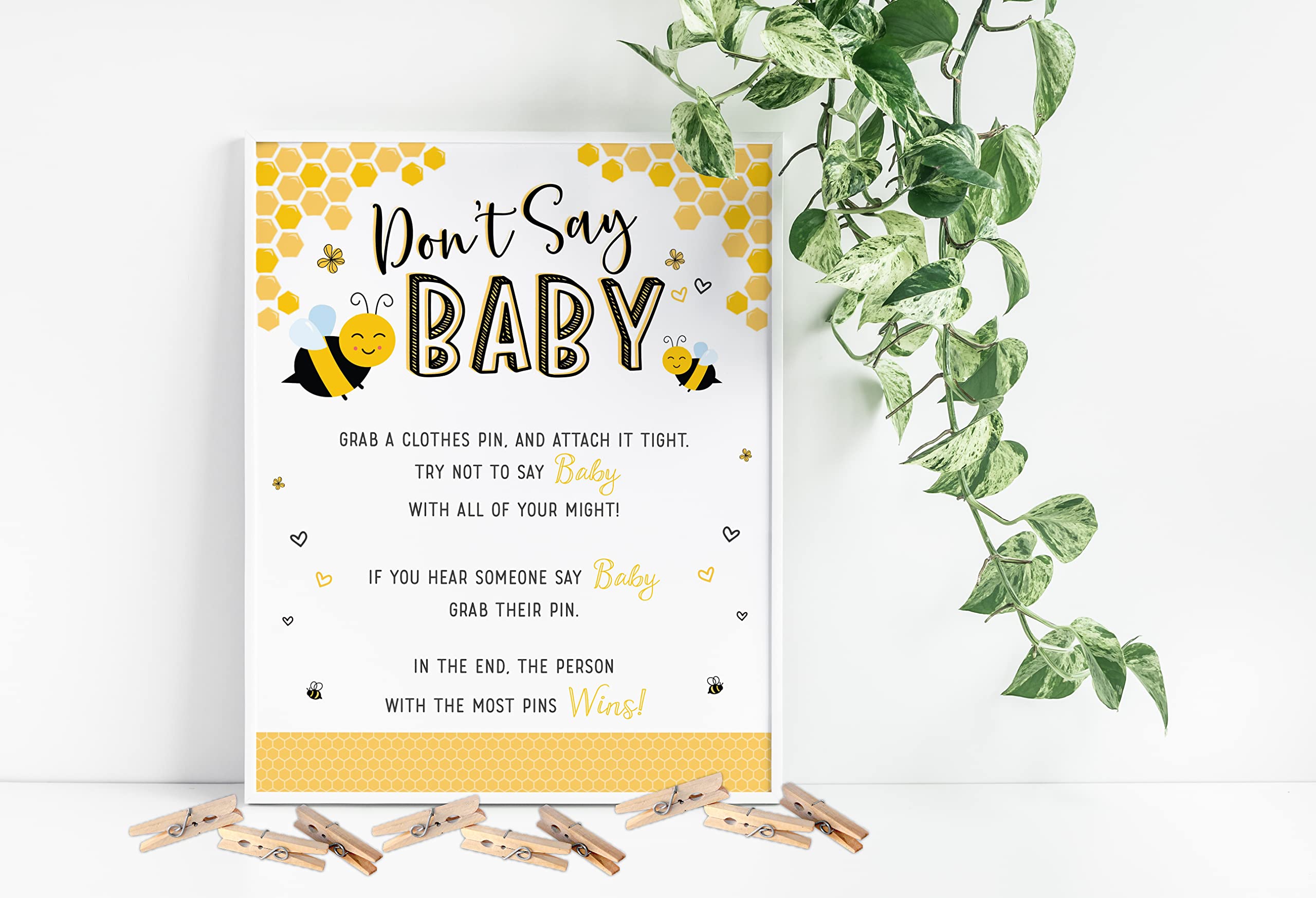Bee Baby Shower Don't Say Baby Clothespin Game Neutral for Boy or Girl