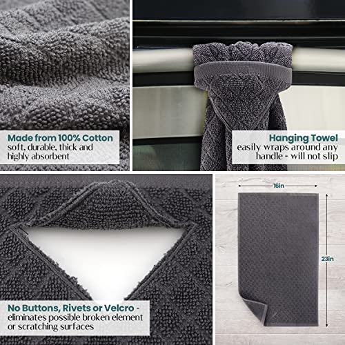 Grey Hand Towels with Hanging Loops - Set of 2 Gray Kitchen Towels, Hanging Kitchen Towels with Hanging Loop, Grey Dish Towels with Loops for Hanging, Oven Towel Loop Without Buttons or Snaps (Short)