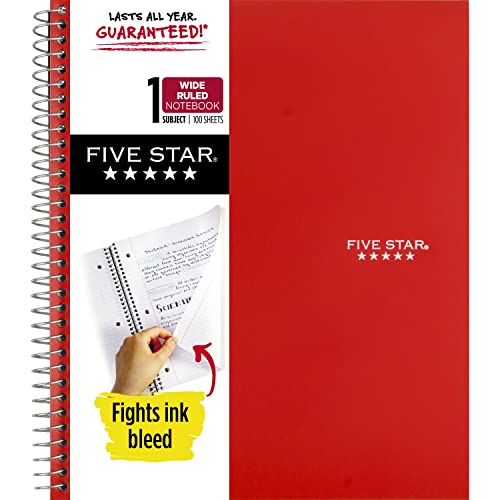 Five Star Spiral Notebook, 1 Subject, Wide Ruled Paper, 10-1/2" x 8", 100 Sheets, Assorted Colors, Color Will Vary, 1 Count (05200)