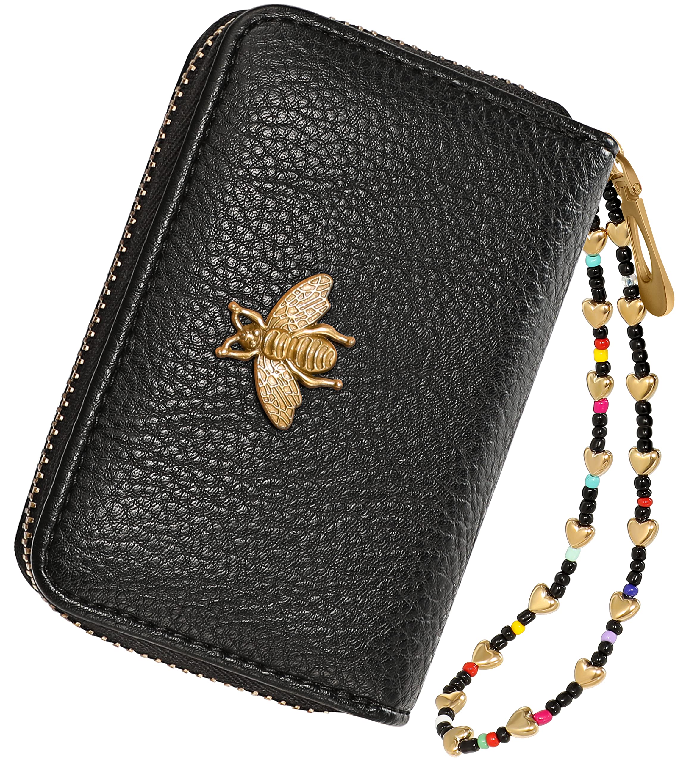 Credit Card Holder Wallet Case Womens Teen Girls Ladies Female Bee Genuine Cowhide Leather Small Black Rfid Blocking Wallets With Detachable Beaded Chain Zipper Around