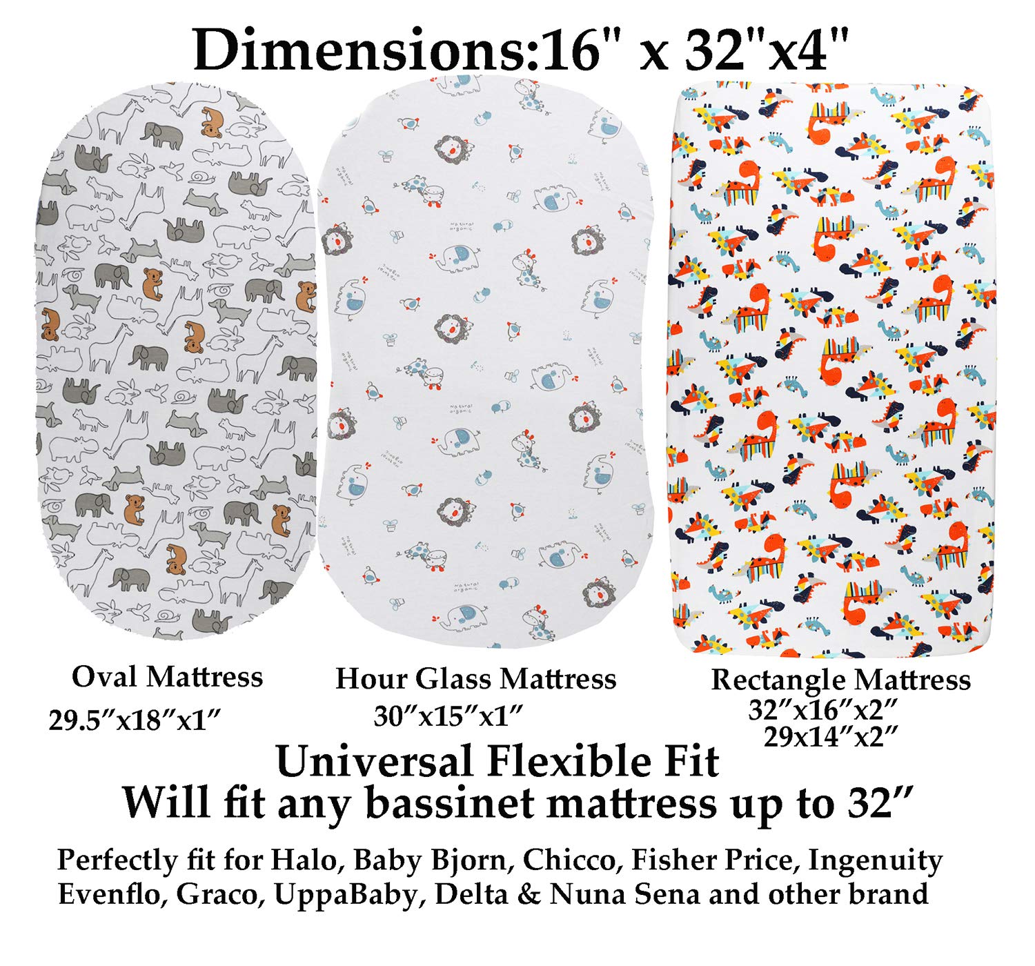 Jersey Cotton Bassinet Sheet Set 3 Pack Fitted Cradle Sheets, Ultra Soft Stretch 190 GSM, for Baby Boy, Universal Fit Rectangle Oval Hourglass Bassinet Mattress, Dinosaur Elephant Koala