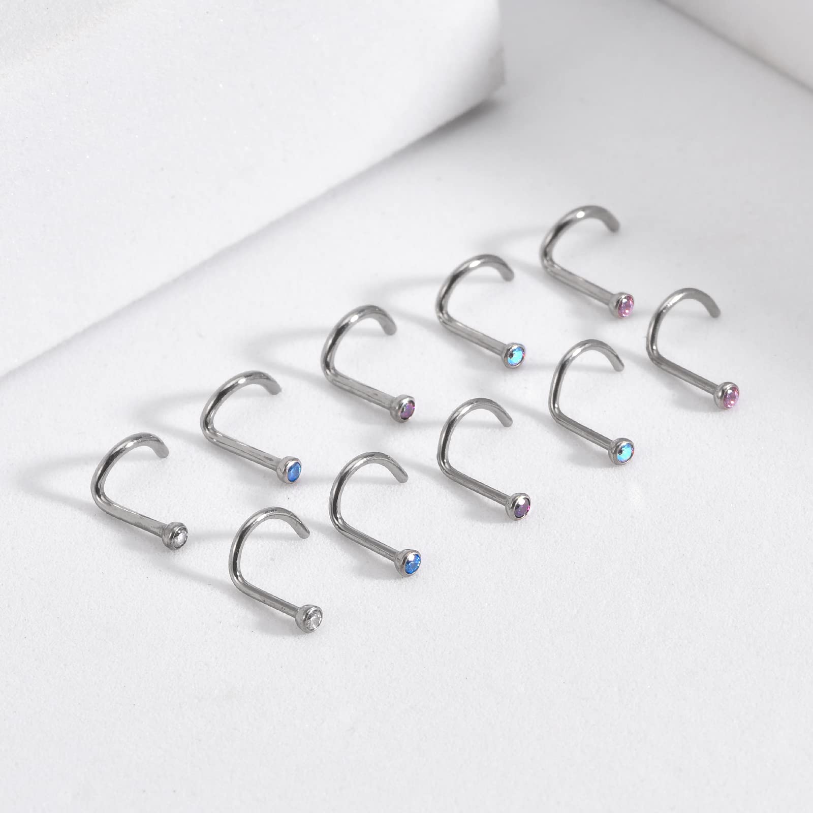 5pcs 18G 20G Small Twist Screw Shaped Titanium Nose Screw Studs 2mm Clear CZ Nose Ring for Women and Men | White/AQ/Pink/AB/VM Cubic Zircon Nose Piercing