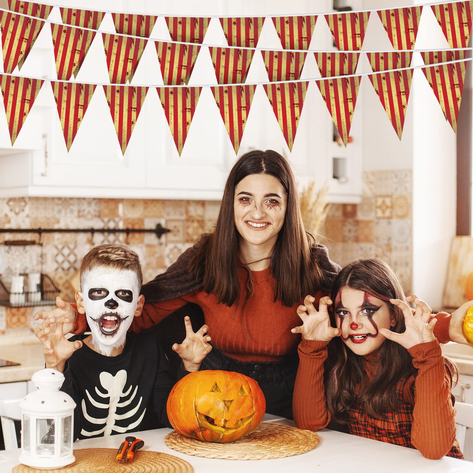 5 Packs Carnival Circus Party Decorations Halloween Striped Pennant Banner Bloody Splatter Carnival Decor Triangle Bunting Flag for Carnival Birthday Halloween Party Decorations, 7.9 x 11.8 Inches