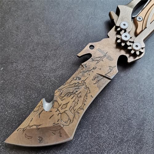 58HRC Fixed Blade Knife with Sheath, Full Stainless Steel Hunting Knife with Special Pattern Blade, Camping Hiking Survival Use (gold)