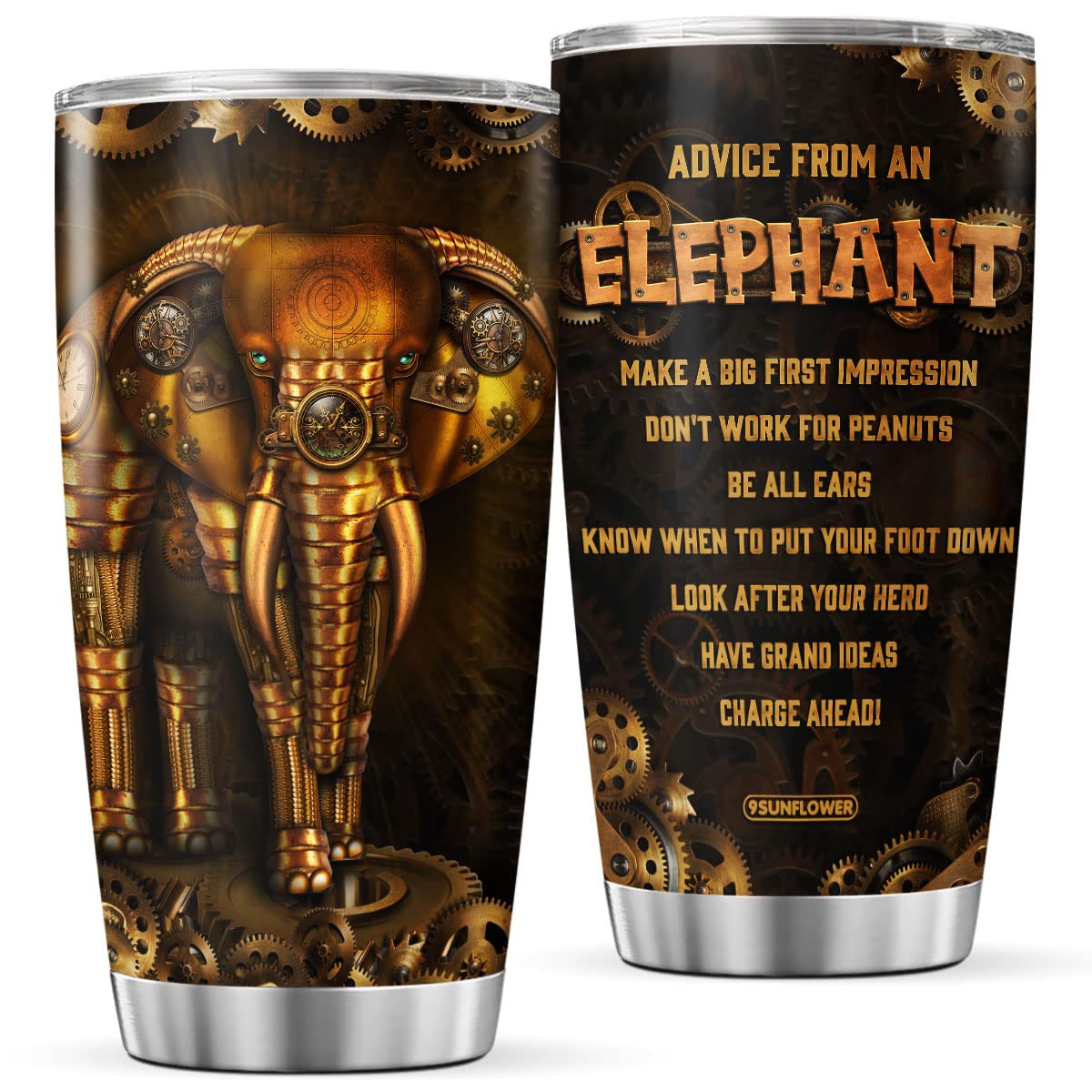 9SUNFLOWER Elephant Mechanic Style Coffee Tumbler Birthday Gifts For Girls Women Steampunk Travel Mug With Lid 20oz Insulated Cup Inspirational Quotes Animal Sayings Vacuum Mugs