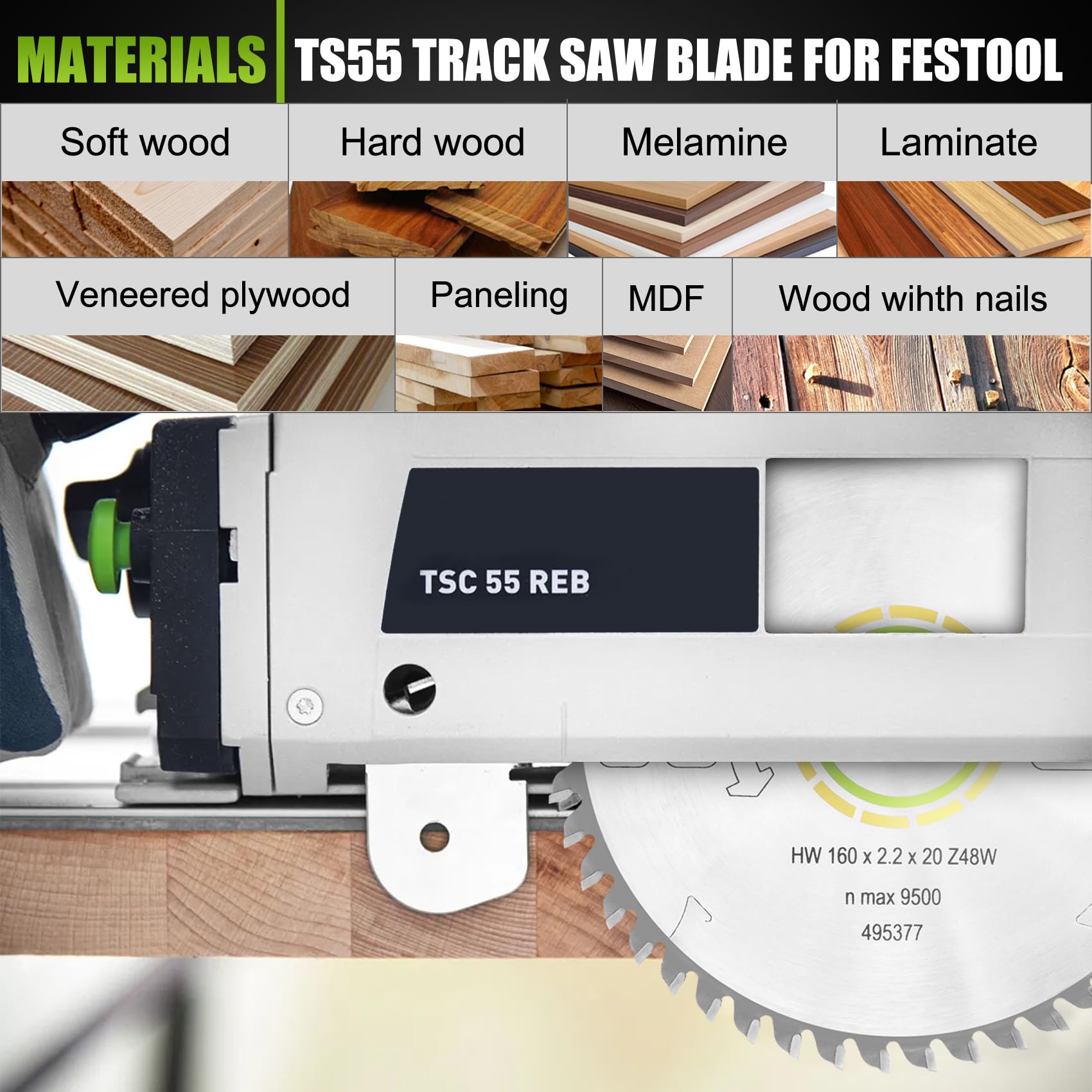 495377 491952 for festool Track Saw Blade 160mm(6 1/4"), 2.2mm, 20mm, 48T, ATB Fit for festool TS 55, TSC 55, TS 60, ATF 55 E, HK 55, HKC 55 Track Saw Plunge Cut Saws 2-Year Warranty