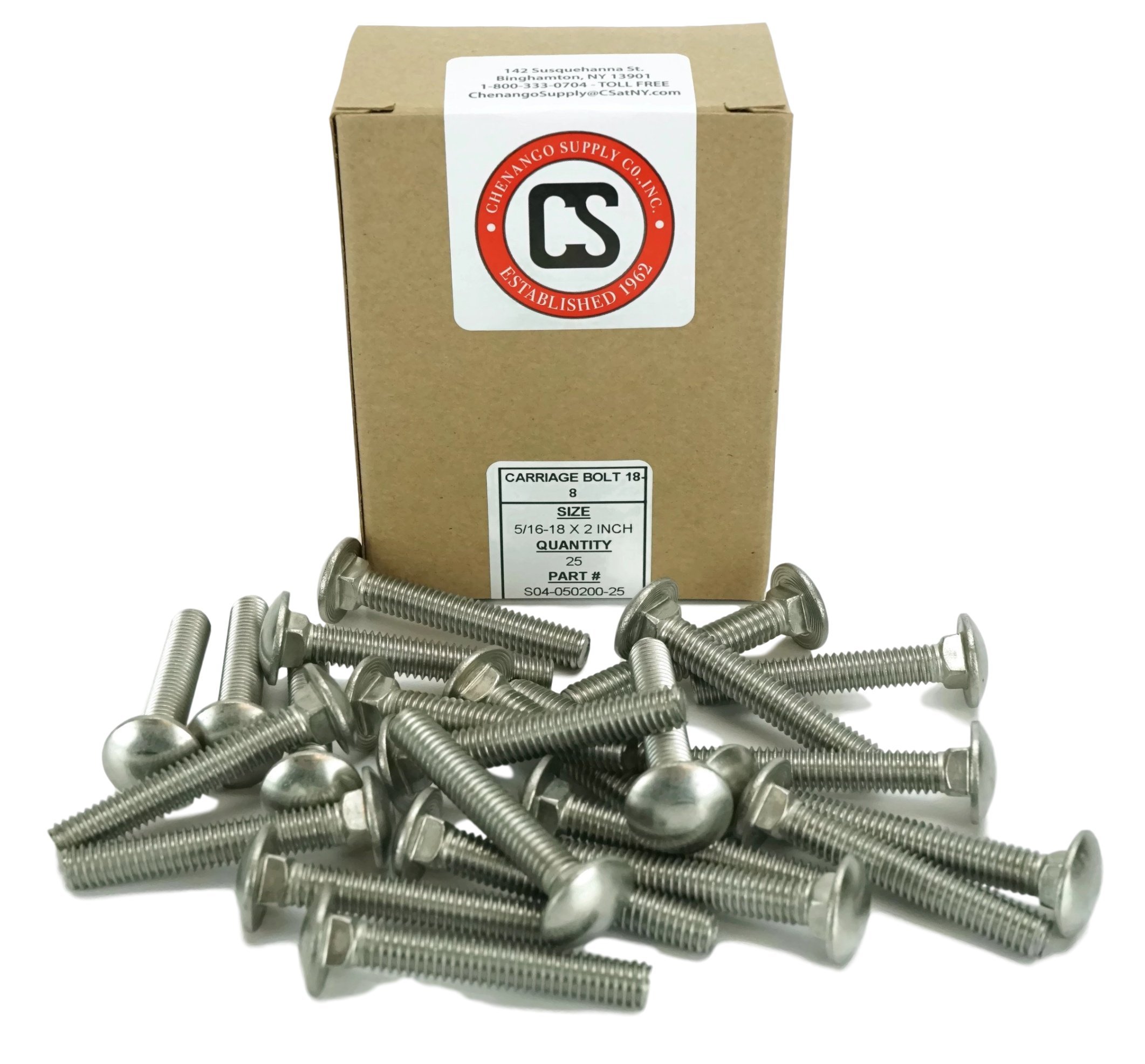 Chenango Supply Stainless 5/16-18 x 2inches Carriage Bolt (1inches to 5inches Lengths Available in Listing), 18-8 Stainless Steel,25 Pieces (5/16-18x2)