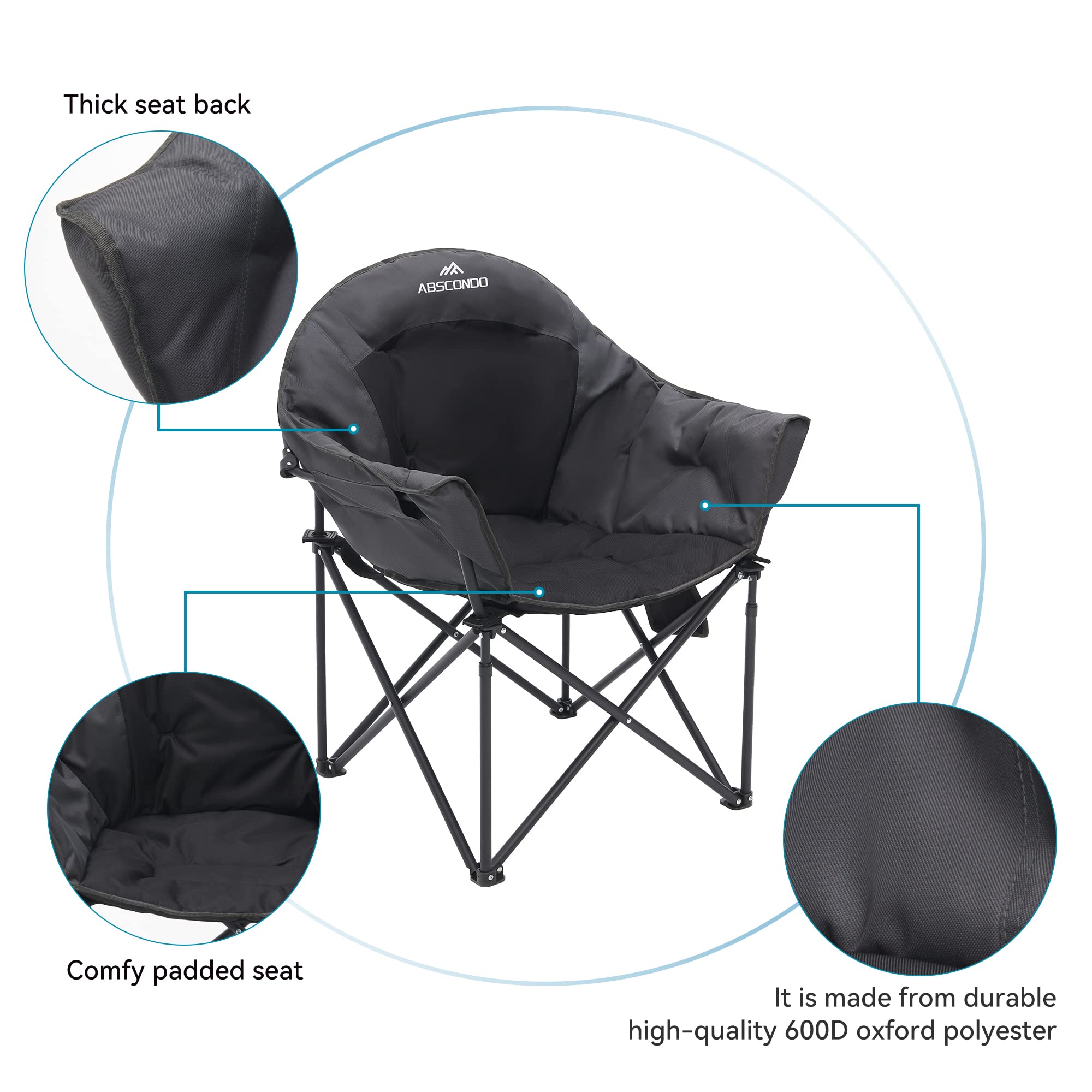 ABSCONDO Heated Camping Chair, Camping Chairs for Heavy People, Oversized Outdoor Folding Moon Chairs with Extra Wide Seats, Lawn Chairs Folding Supports up to 300lbs, Black