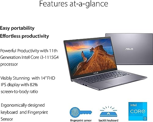 ASUS 14" VivoBook Laptop with Fingerprint Reader & Backlit Keyboard, FHD Display, Intel Core i3-1115G4, 8GB RAM, 256GB SSD, Webcam, HDMI, USB-C, Wi-Fi 5, Windows 11 Home, Grey