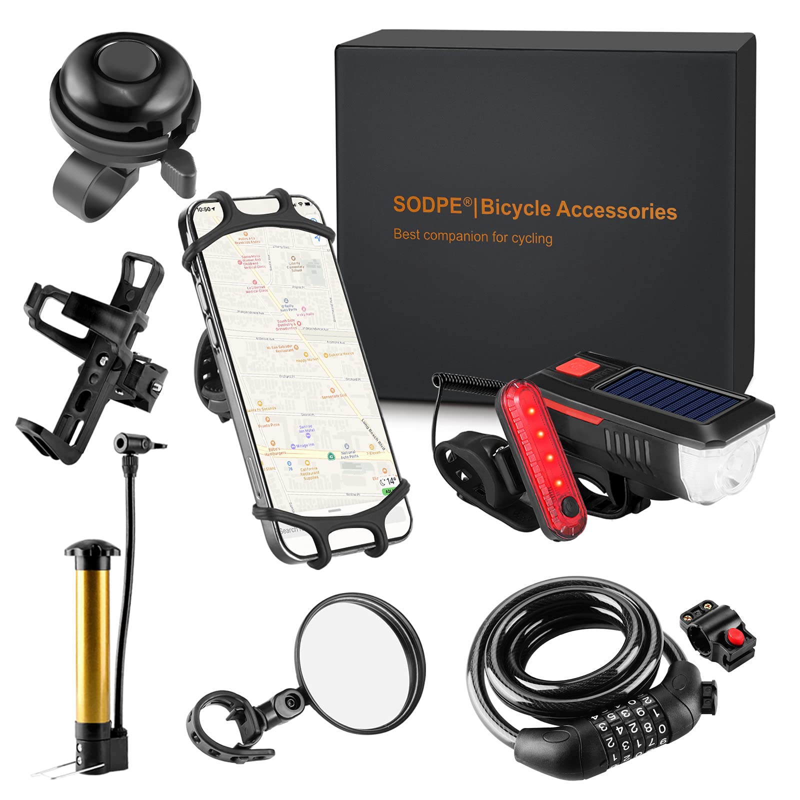 8-Piece Bicycle Accessories, USB Rechargeable Bicycle lamp, Solar headlamp, Bicycle Lock, Bicycle Mobile Phone Rack, Bicycle Water Cup Holder, Bicycle Mirror, Bicycle Bell and air Pump