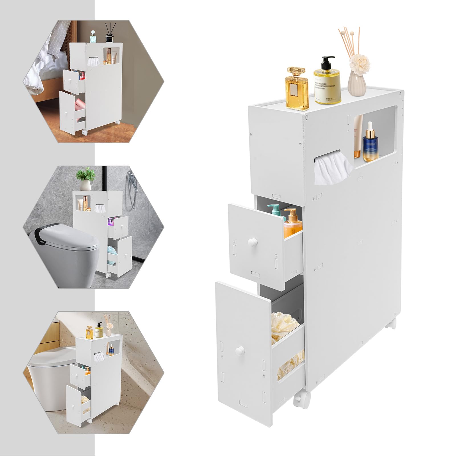KONKENIE 4 Tier Slim Toilet Side Cabinet Bath Narrow Corner Floor Cabinet with Wheels 2 Drawer Bathroom Storage Cabinet with Shelf Toilet Paper Holder Towel Organizer Vertical for Small Space White