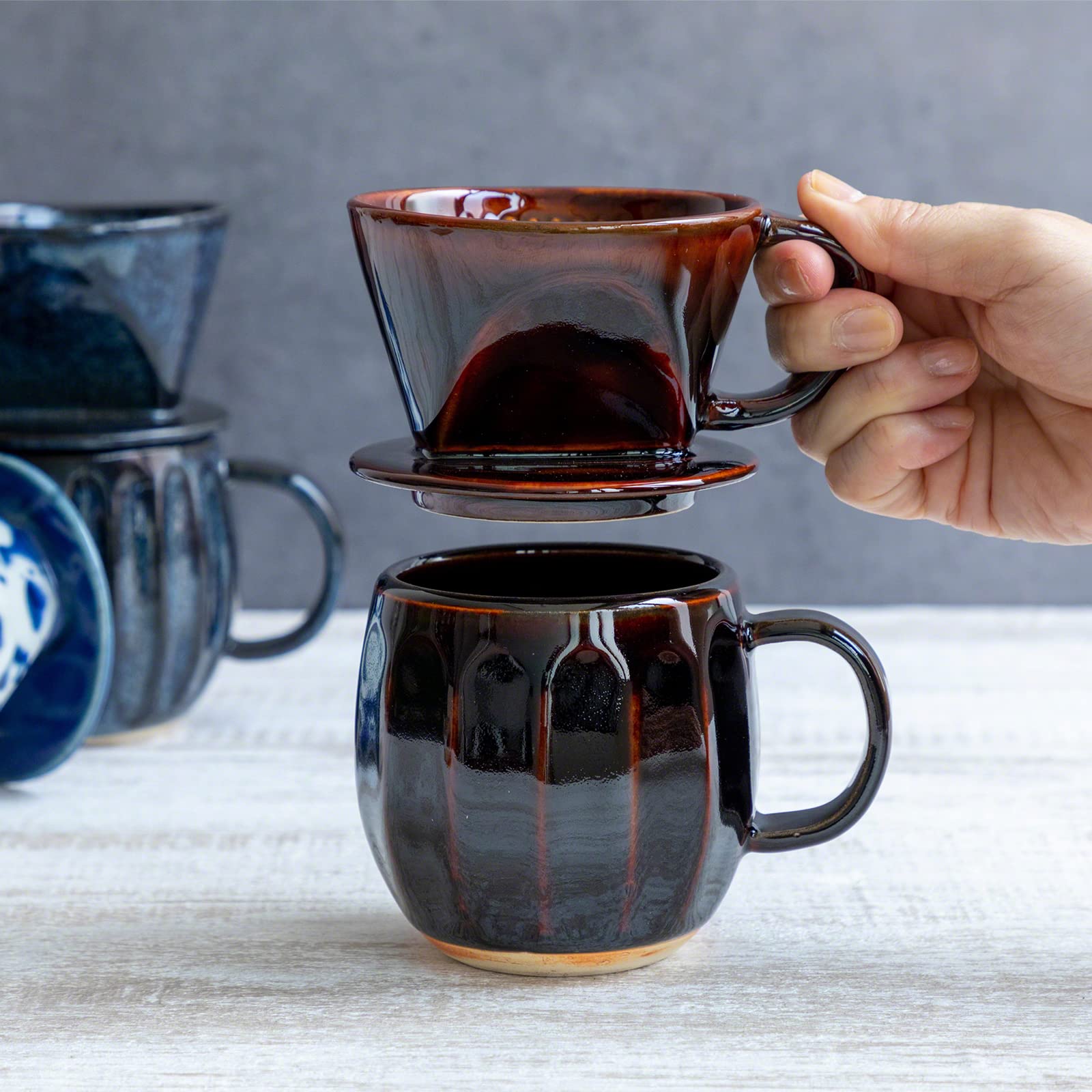 Asayu Japan Ceramic Coffee Pour Over Maker Set in Chocolate Brown, Slow Brewing Paper Filter Holder and Dripper with 3 Holes for Coffee and Tea (Accessory Ceramic Mug)