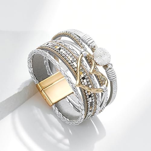Fesciory Leopard Bracelet for Women, Boho Leather Wrap Multi-Layer Pearl Crystal Bracelet Bangle Jewelry (B33:Heart Leather(Silver))