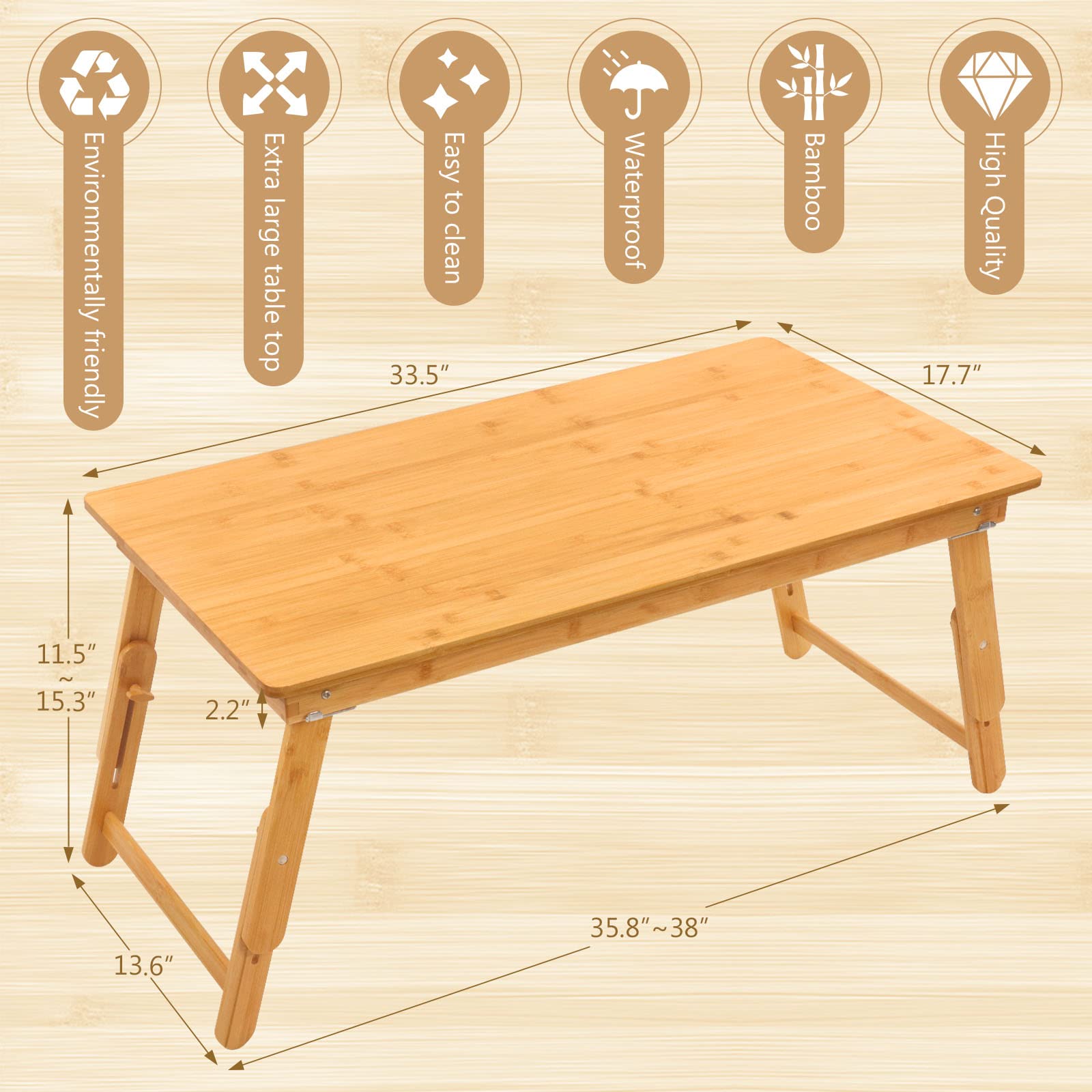 Adjustable Large Size Laptop Desk,Bamboo Lap Table Bed Tray,Foldable 4 Legs Serving Tray Working, Eating and Gaming for Bed,Couch,Floor, 33.5x17.7in