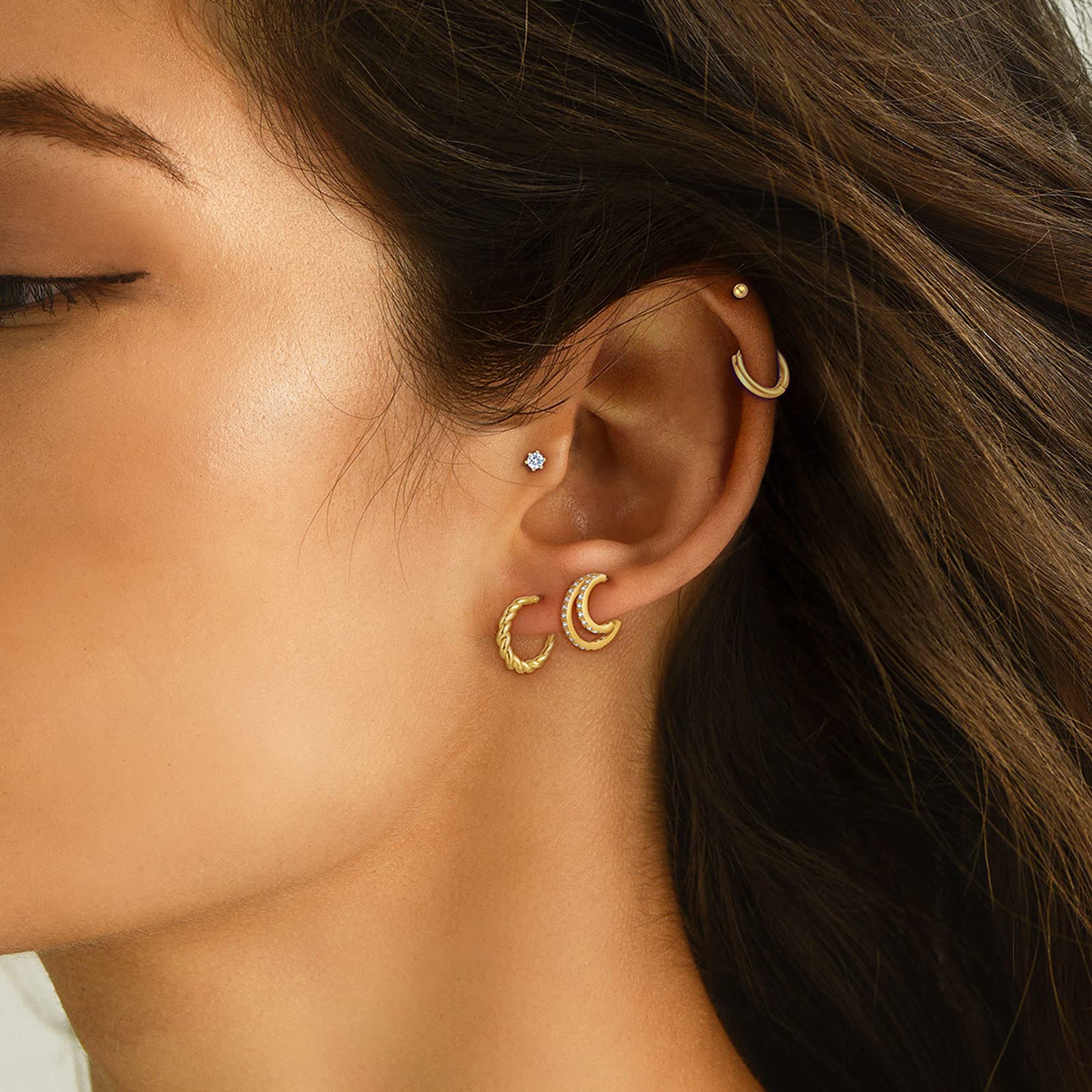 5 Pairs Earring Sets for Multiple Piercing 14k Gold Plated Hoop and Stud Earrings Set Hypoallergenic Small CZ Gold Earrings Sets for Women