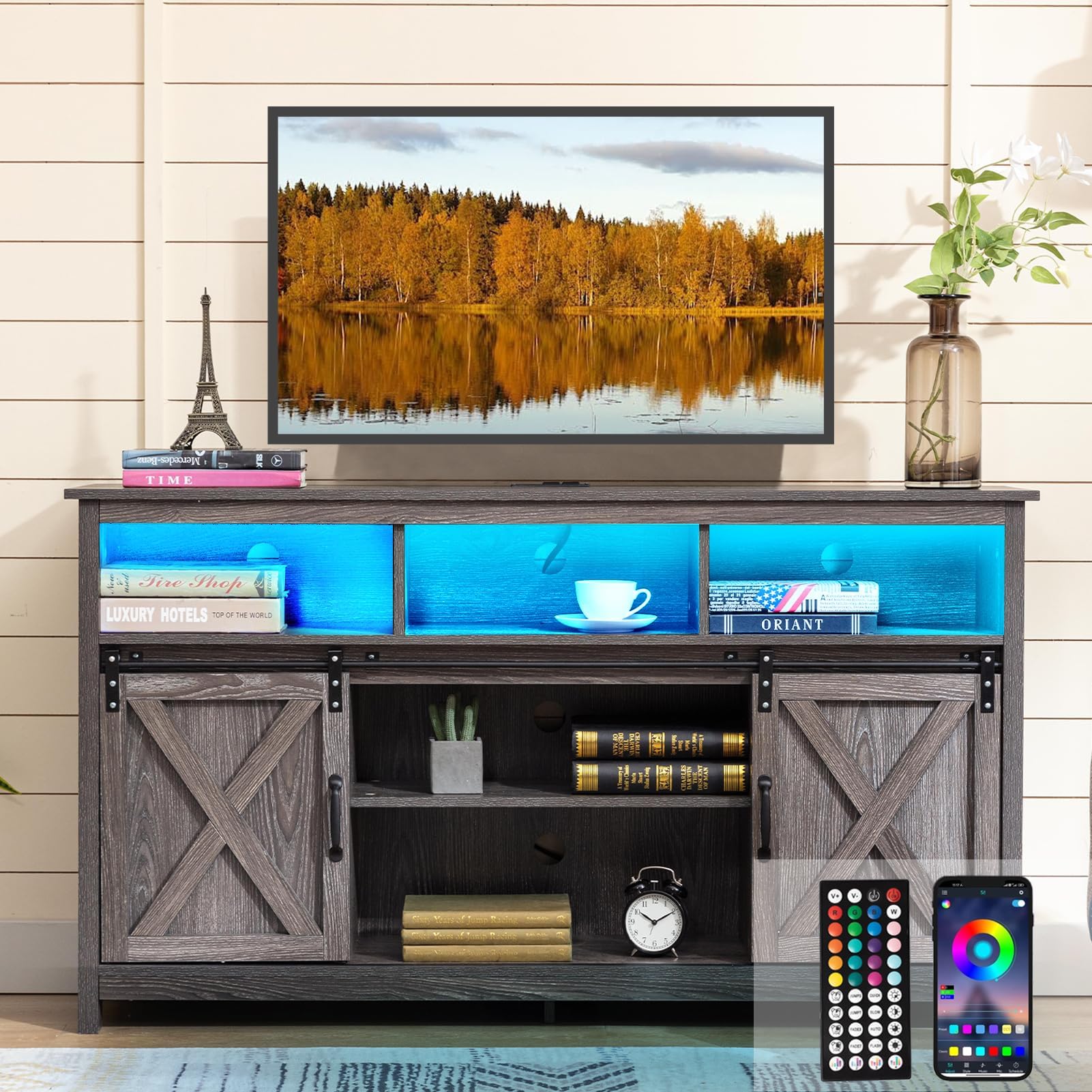 Vinctik 6&Fox 57In Wooden Farmhouse Entertainment Center for 60/65 inch TV,Double Layer Storage Farmhouse TV Stand,Double-Row Sockets with Wood Sliding Barn Door TV Stand(Double Layer White)