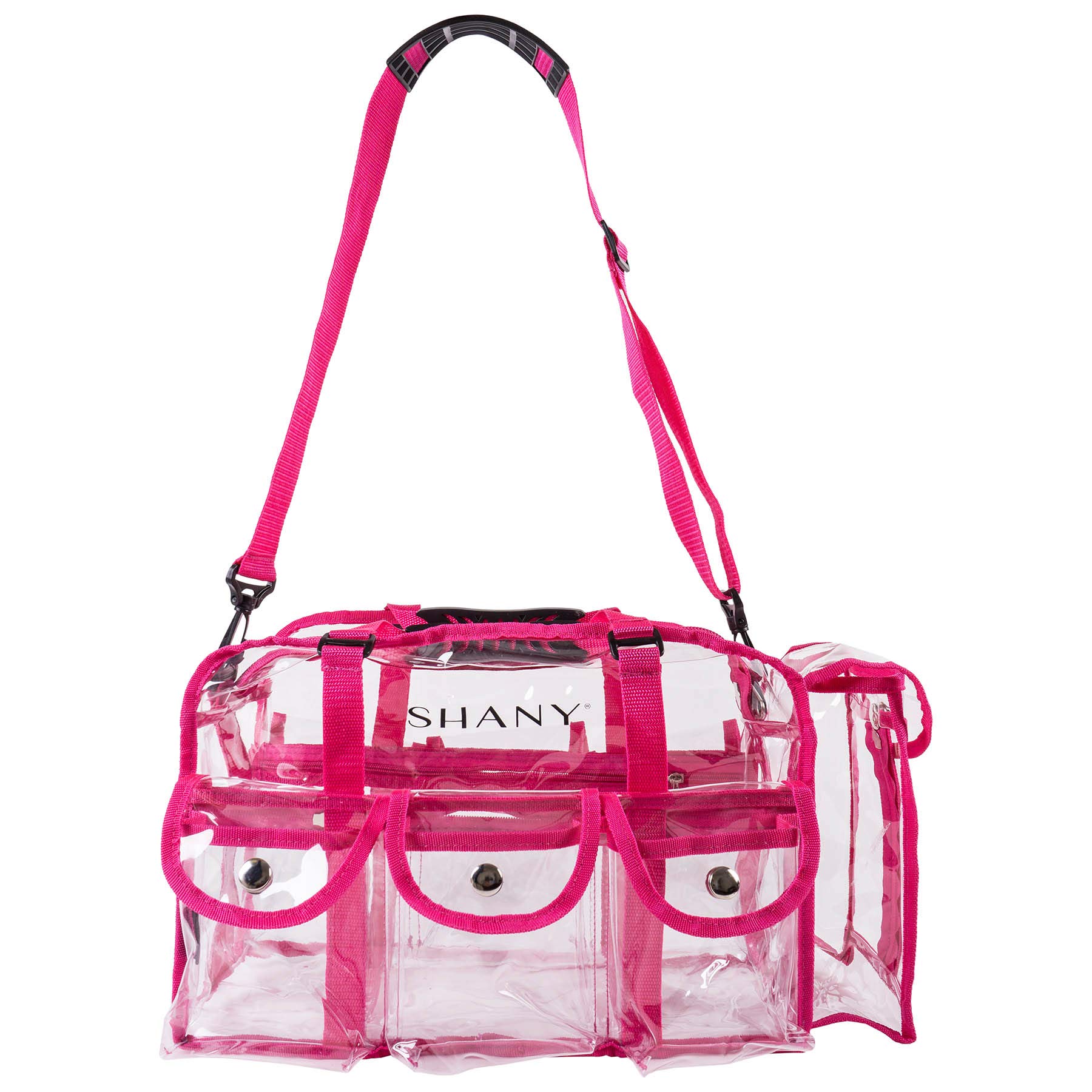 SHANY Clear PVC Makeup Bag - Large Professional Makeup Artist Rectangular Tote with Shoulder Strap and 5 External Pockets - PINK