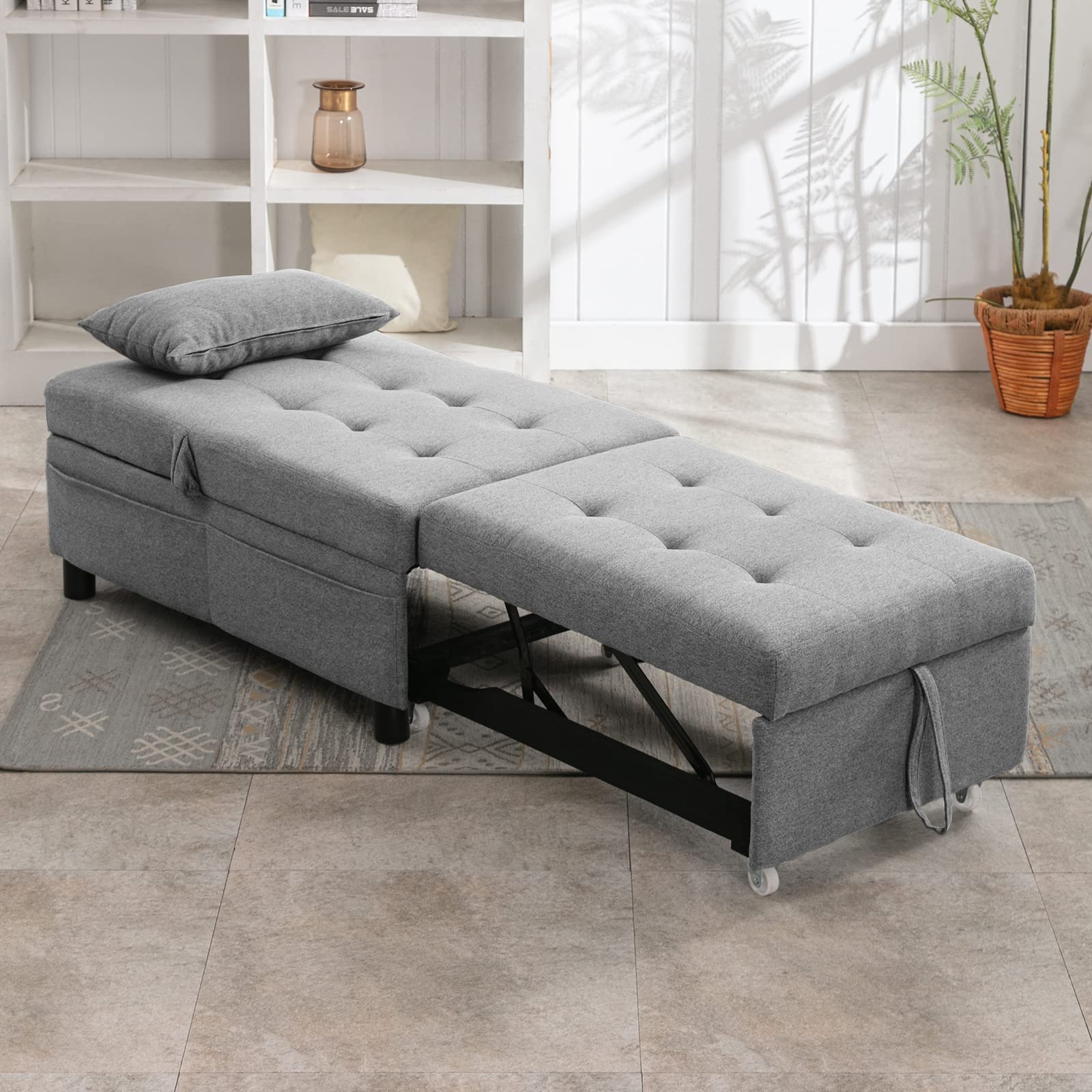 Mjkone 4-in-1 Sleeper Chair with Adjustable Backrest with Free Pillow, Pull Out Sofa Couch Bed with Memory Foam for Compact Living Room (No Assemble Need,Light Grey)