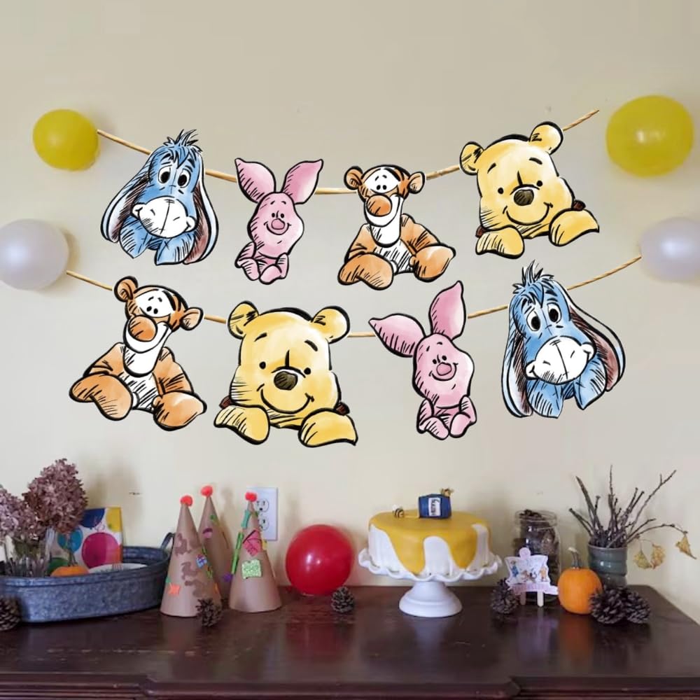 8 PCS Winnie Banner For Baby Shower Cute Pooh Birthday Banners Party Decor Supplies