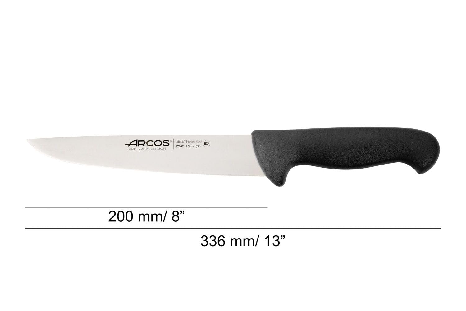 ARCOS Butcher Knife 8 Inch Nitrum Stainless Steel and 200 mm blade. Professional Cooking Knife For Cutting Meat, Fish and Vegetables. Ergonomic Polyoxymethylene Handle. Series 2900. Color Black