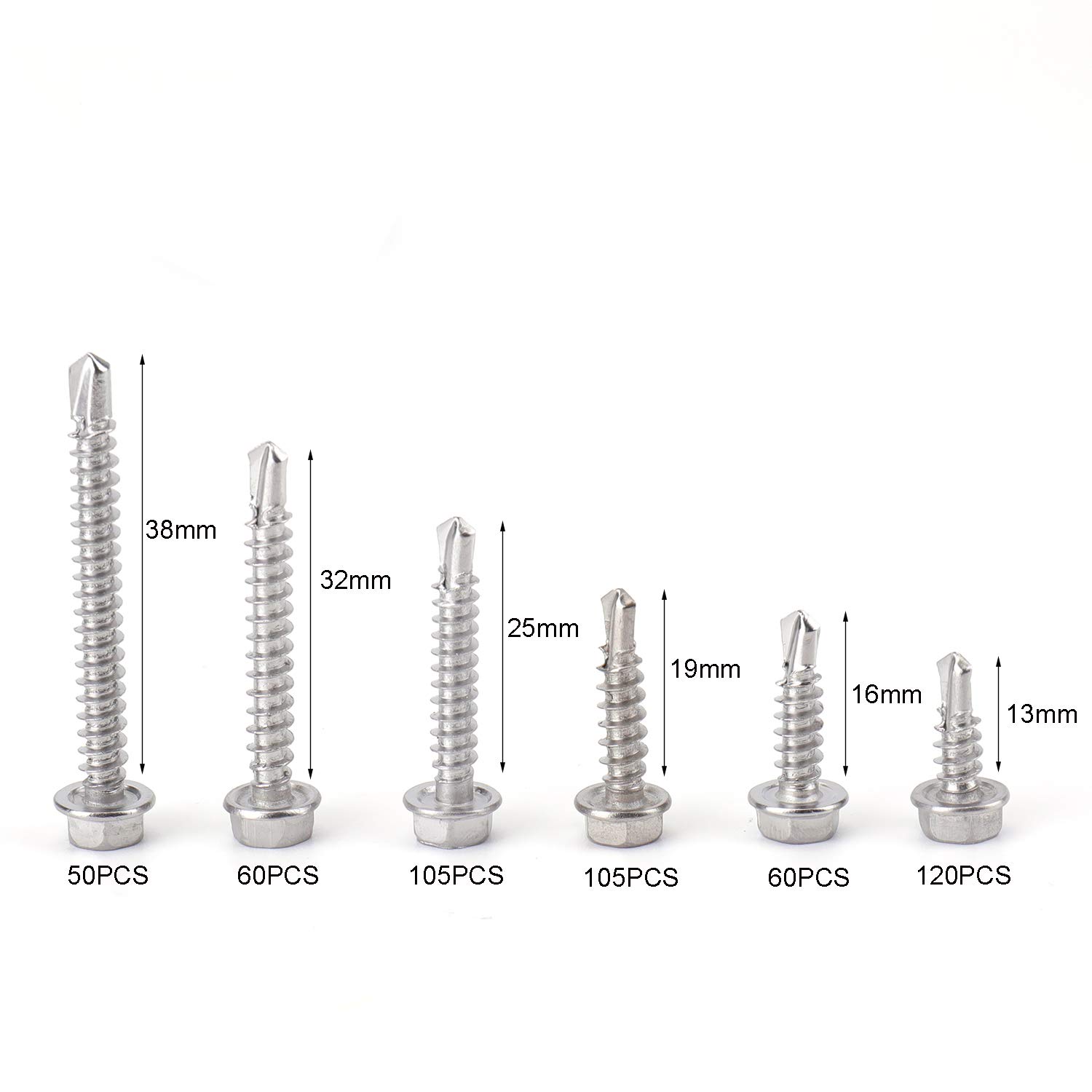 Suwimut 500 Pieces 410 Stainless Steel #8 Self Tapping Sheet Metal Tek Screws Assortment, Hex Washer Head Assorted Screws with Drill Point, Self Driller