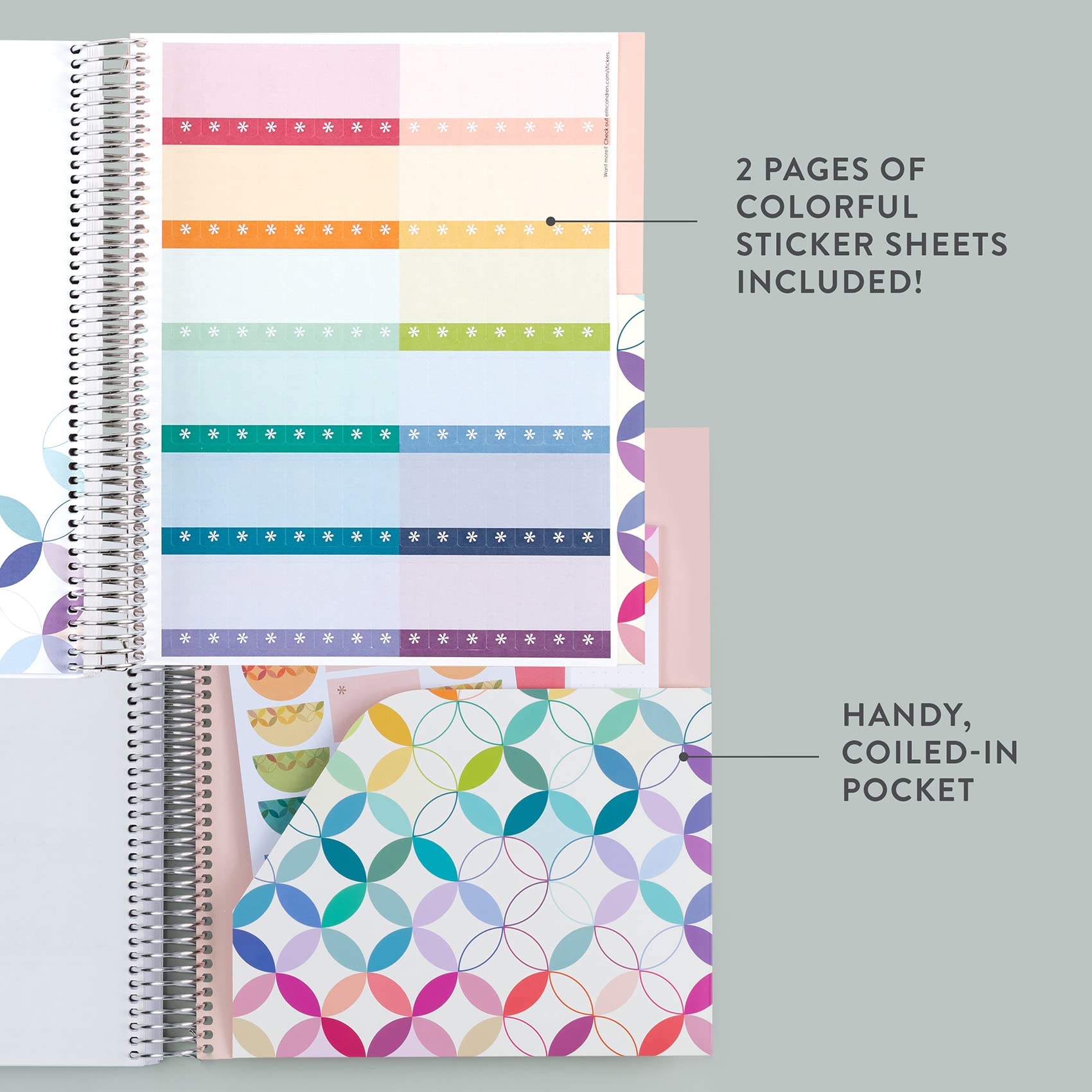 8.5" x 11" Spiral Bound 12 Month Planner ( Jan 2022 - Dec 2022 ) - Painted Stripes w/ Mid Century Circles. 80 lb. Mohawk Paper. Dated Spreads, Lined Pages & Stickers by Erin Condren.