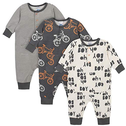 Grow by Gerber Baby Boys 3-Pack Coverall Set, Grey/Ivory/Orange, 3-6 Months