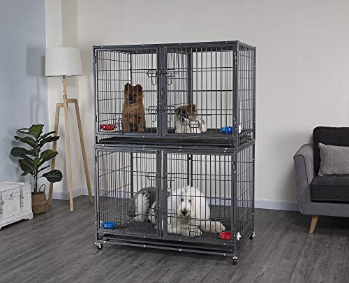 Go Pet Club 44" Heavy Duty Stackable Cat Dog Pet Metal Crate Kennels Outdoor and Indoor with Divider and Water Bowls, Large