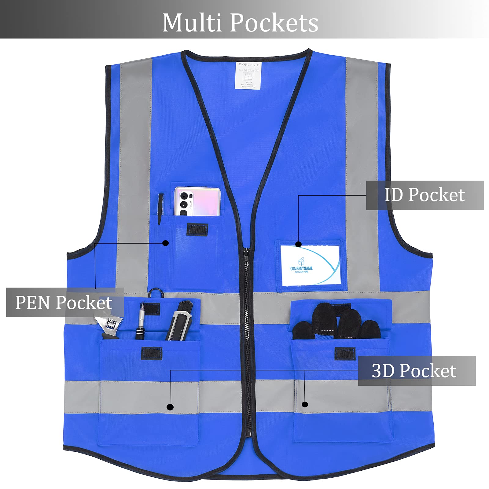 WORCBGIO Reflective Safety Vest with Pockets High Visibility Sliver Strip for Men and Women (Blue, Medium