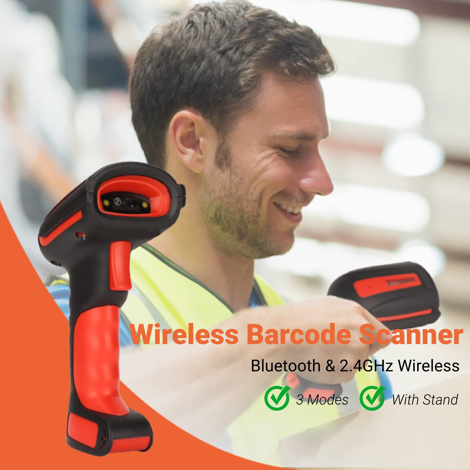 Wireless Barcode Scanner, 2020DB 2.4GHz Wireless Wired 3 Modes Handheld 1D 2D Bar Code Reader IP67 Waterproof with 2 Prompt Modes, for Supermarket Retail Warehouse