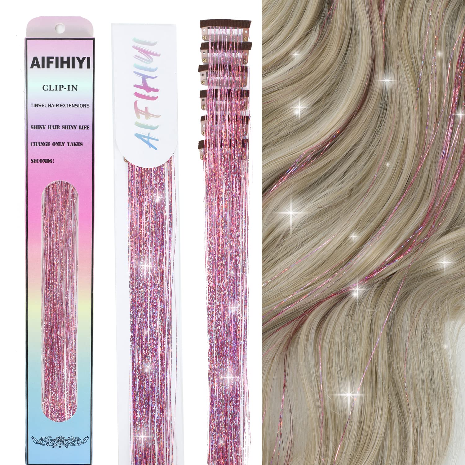 AIFIHIYI 23.6 Inch Hair Tinsel Clip in, Extra Long Glitter Tinsel Hair Extensions Clip in Hair Tinsel Heat Resistant Pink Hair Tensile Kit Sparkle Fairy Hair Accessories for Girls Kids Women (Pink)