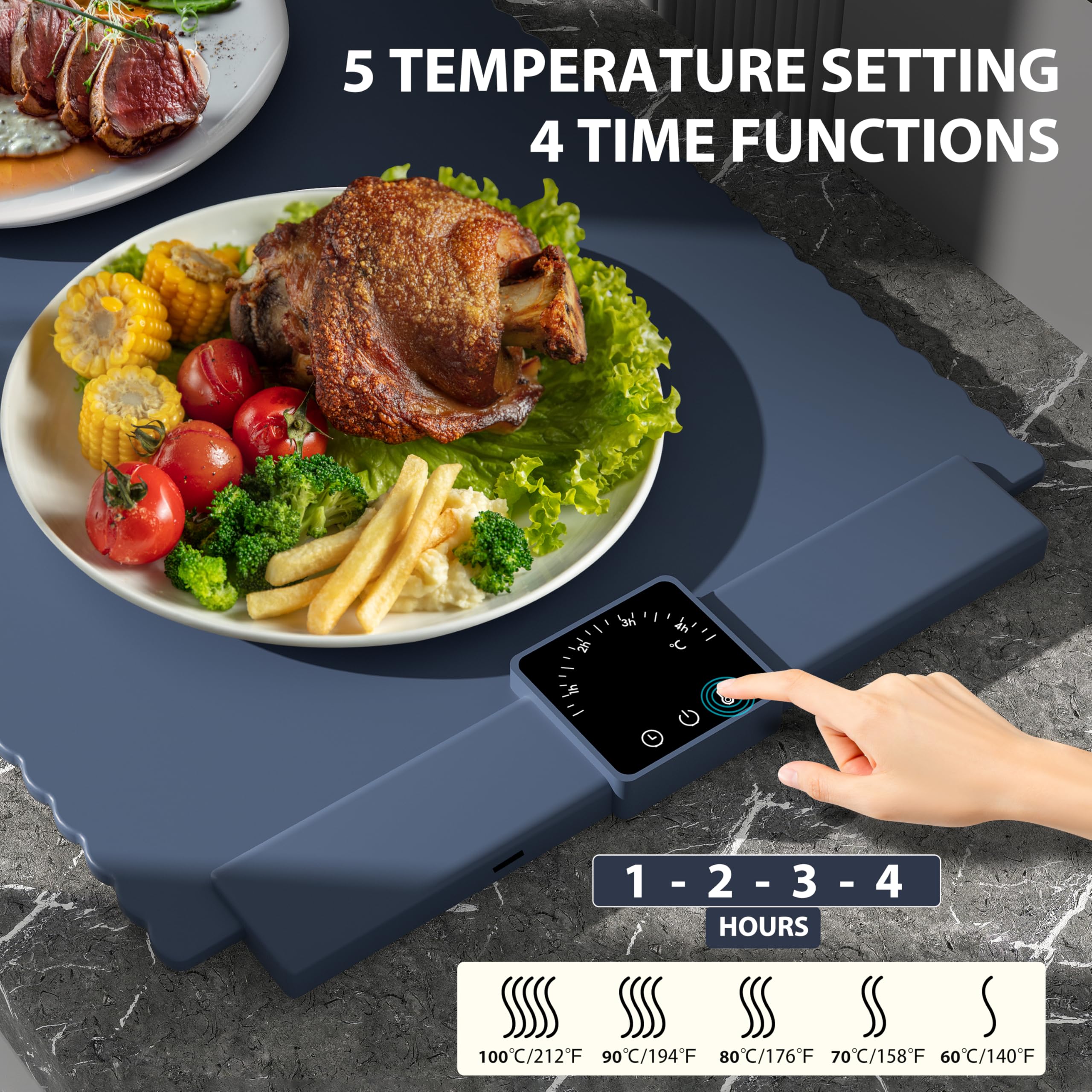 AGEETXT Electric Warming Tray, Full Surface Heating,Portable,Silicone Nano-Material Heating mat for Food,5 Temperature Settings,Auto Shut-Off Versatile Food Warmer for Gatherings,Parties, Family Blue