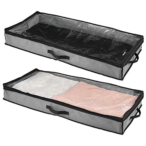 mDesign Soft Fabric Under Bed Storage Organizer Holder Bag for Clothing, Accessories, Boots - Easy-View Top Panel, 2-Way Zippered Lid, Side Handles, 2 Pack - Charcoal Gray/Black