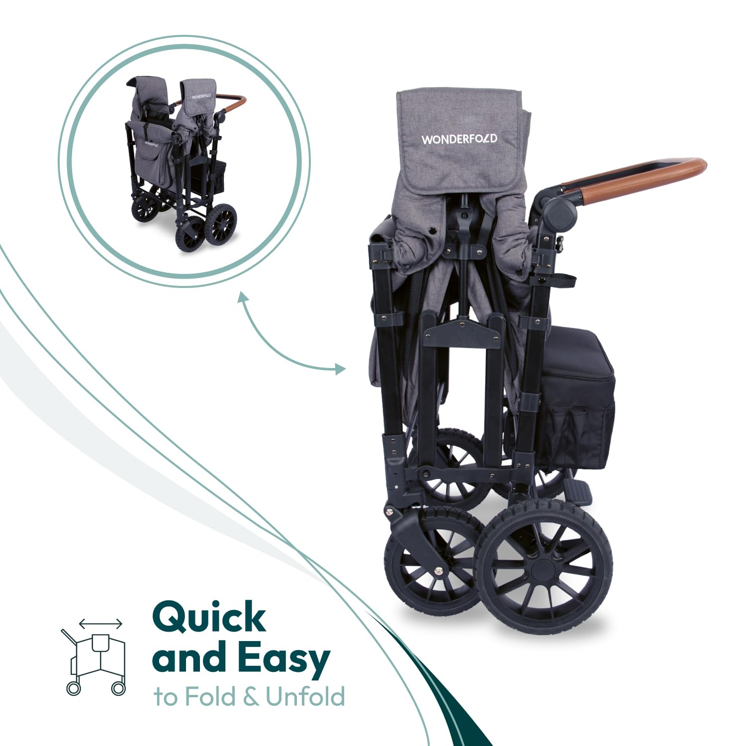 WONDERFOLD W4 Luxe Stroller Wagon (4 Seater) - Collapsible Wagon Stroller with Seats with Magnetic Buckle 5-Point Harnesses, Charcoal Gray-Black Frame