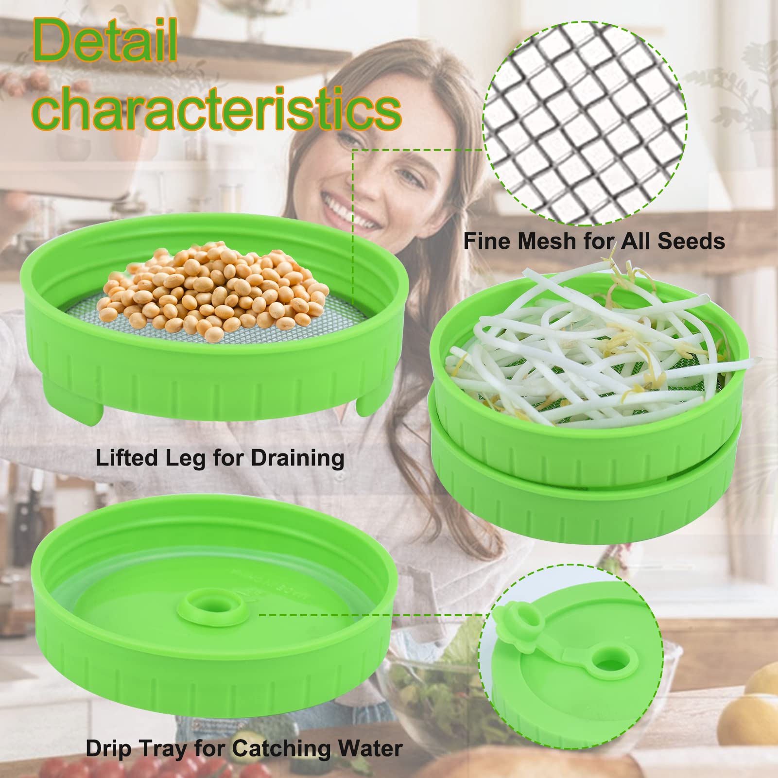 3 Set Sprouting Lids- Mason Jar Strainer Lid Sprout Maker Lids with Stainless Steel Screen Germination Kit Seed Sprout Jar Lids with Drip Tray for Regular Wide Mouth Mason Jars(Bottle Not Include)