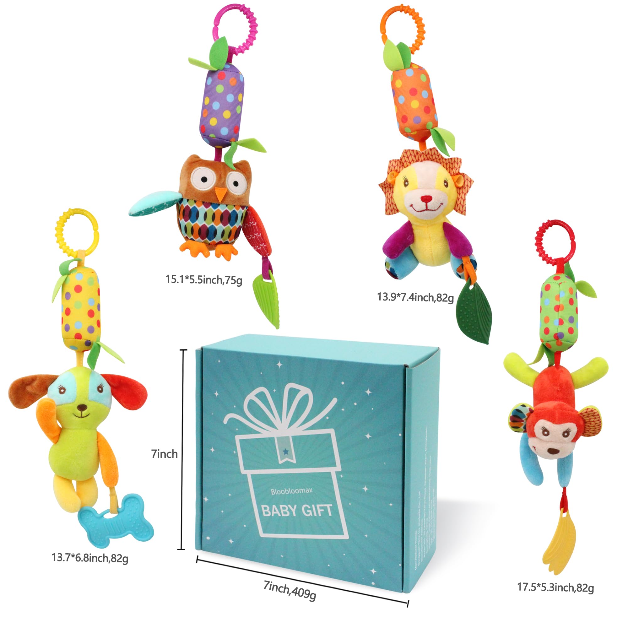BLOOBLOOMAX Baby Soft Hanging Rattle, Car Seat Stroller Toys with Plush Animal C-Clip Ring for Infant Babies Boys and Girls 3 6 9 to 12 Months (4pcs)