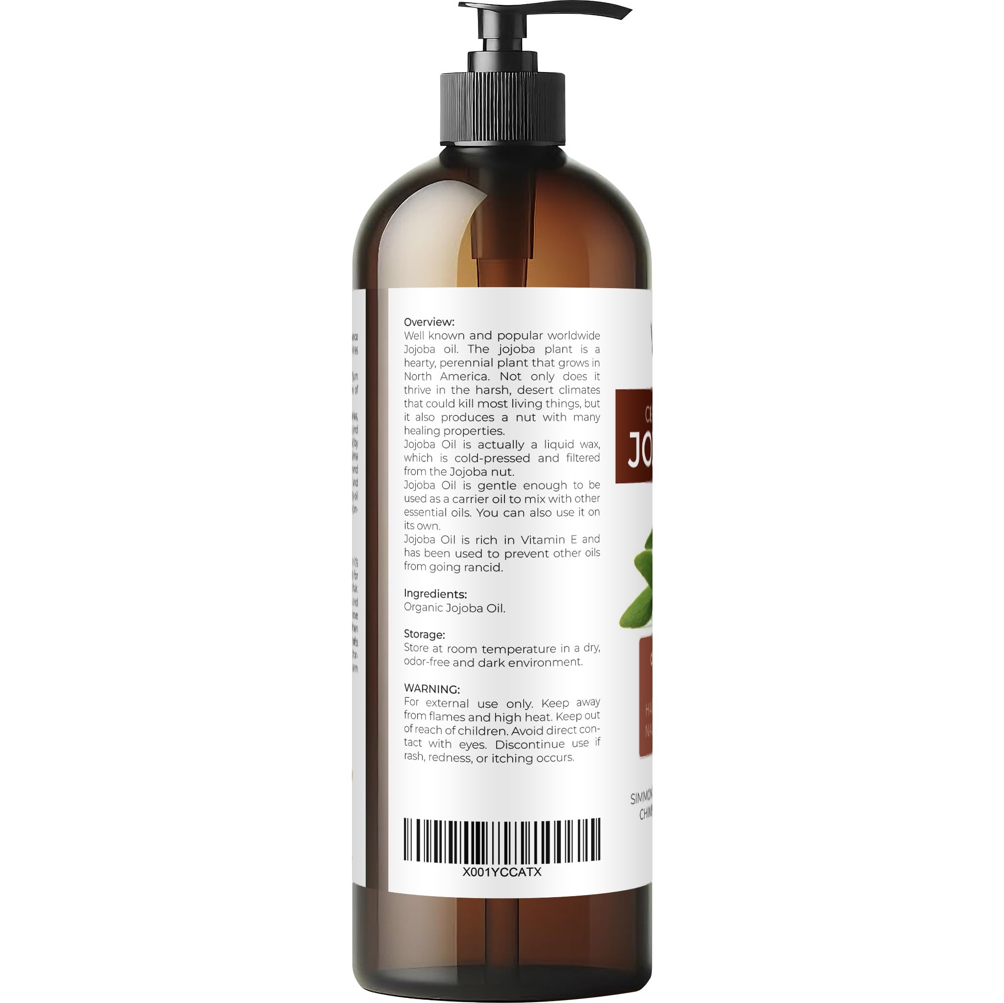 velona Jojoba Oil USDA Certified Organic - 16 fl oz (With Pump) | 100% Pure and Natural | Golden, Unrefined, Cold Pressed, Hexane Free