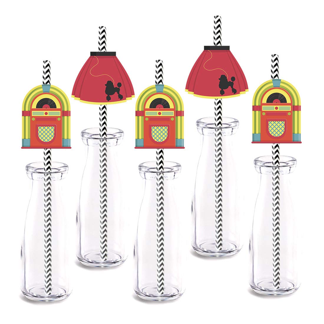 50s Themed Party Straw Decor, 24-Pack 1950s Party Cupcake Topper Decorations, Paper Decorative Straws