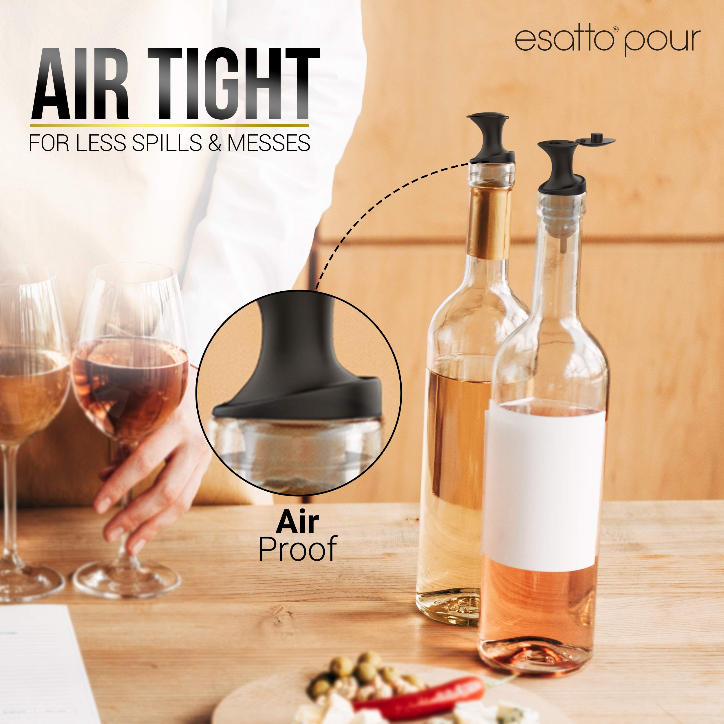 Esatto Pour and Seal, Plastic Bottle Pourers With Built In Lid β Easy and Precise Pouring, Lid for Storing and Healthy Practices, Professional Bar Tool, Pack of 12 Pieces Wine Stopper Pourer (Black)