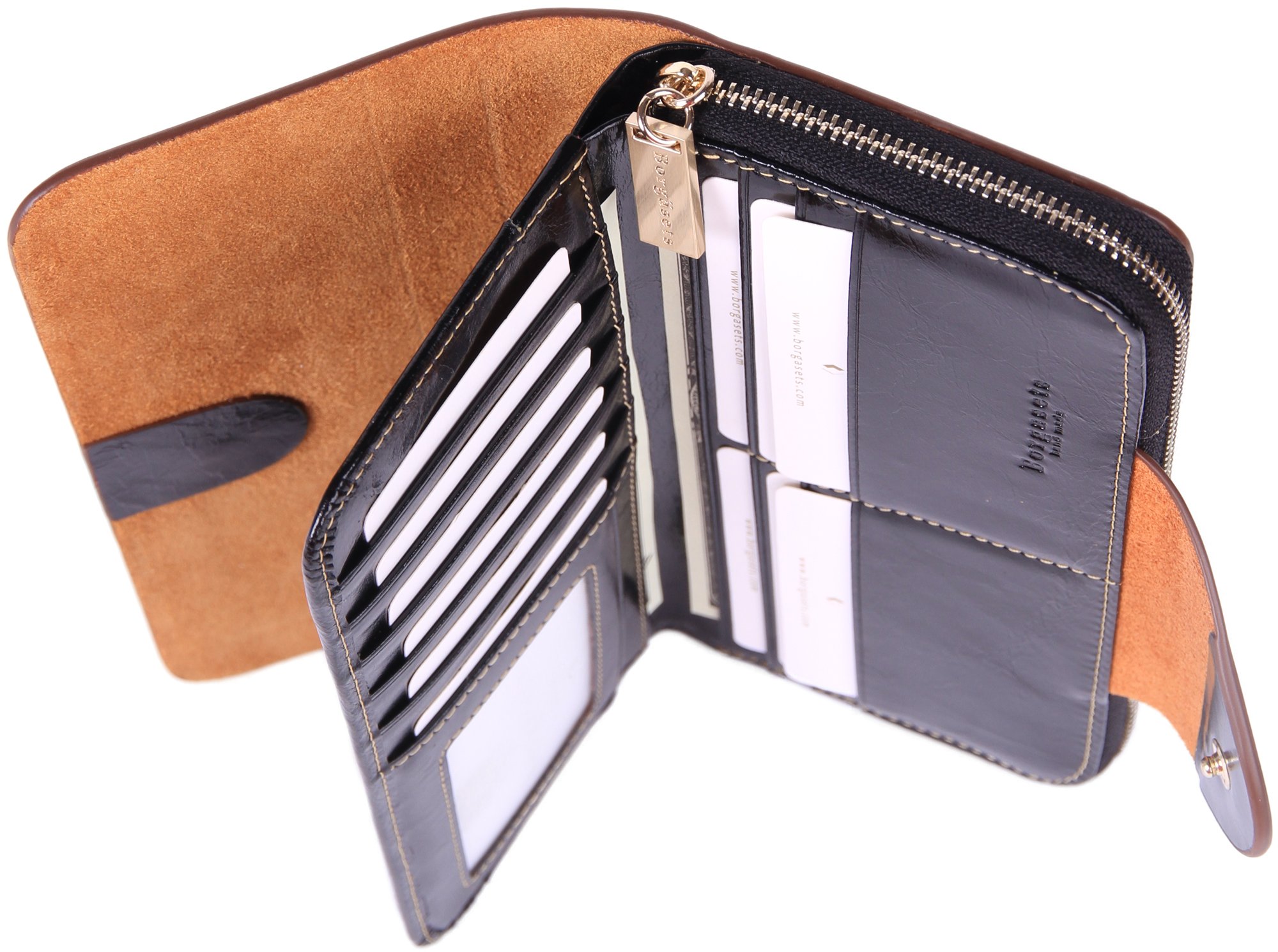 Borgasets RFID Blocking Large Capacity Wax Real Leather Clutch Wallet Card Holder Purse for Women, Black