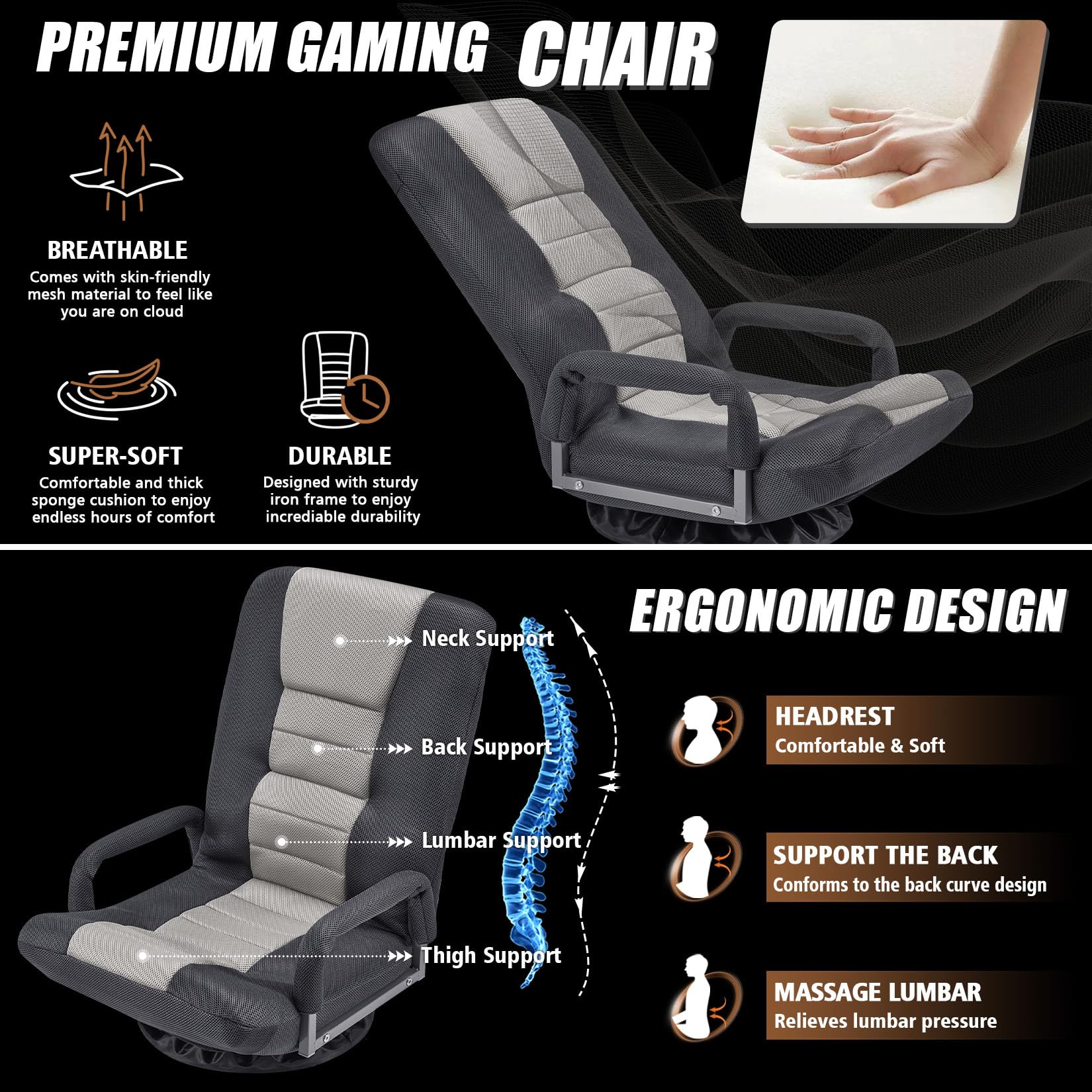ACIPENSER Swivel Gaming Chair Multipurpose Floor Gaming Chair for Playing Video Games, TV, Reading w/Armrest Lumbar Support & 6 Adjustable Postion Backrest for Adults & Kids,Grey