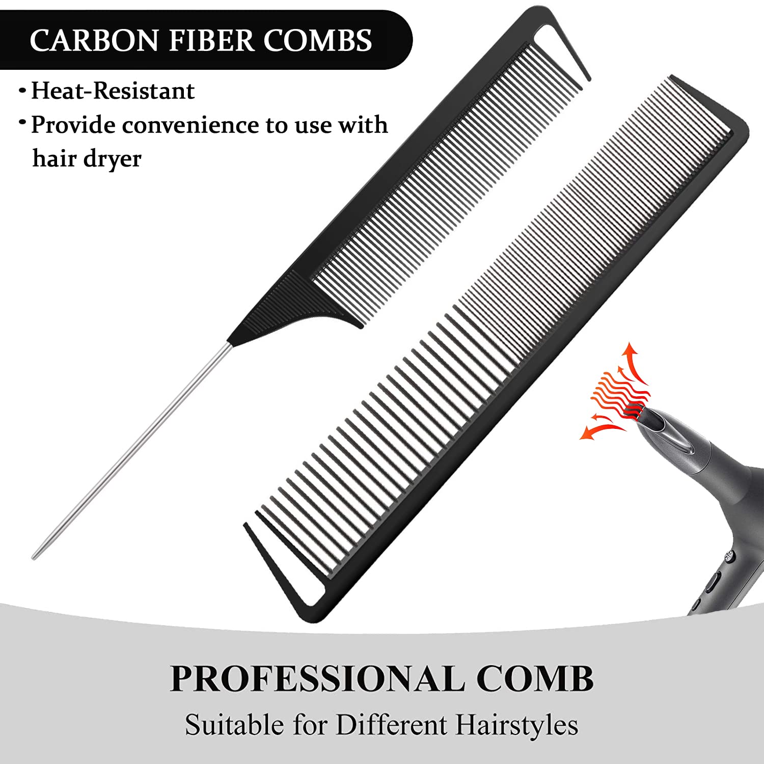6 Pieces Rat Tail Comb Cutting Comb with Wide and Fine Teeth and Alligator Styling Sectioning Hair Clips Set, Carbon Fiber Styling Combs Stainless Steel Pintail Comb Teasing Combs Parting Combs for Braiding Hair With 4Pcs Colorful Hair Clip for Braids Sal