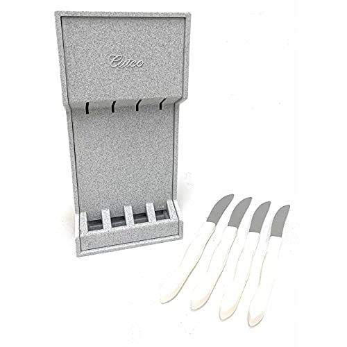 CUTCO Model 1864 set of four White (Pearl) #1759 Table Knives plus #1745 tray........................Knives have 3.4" Double-D® serrated edge blades and 5" handles.............Knives are in factory sealed plastic bags.