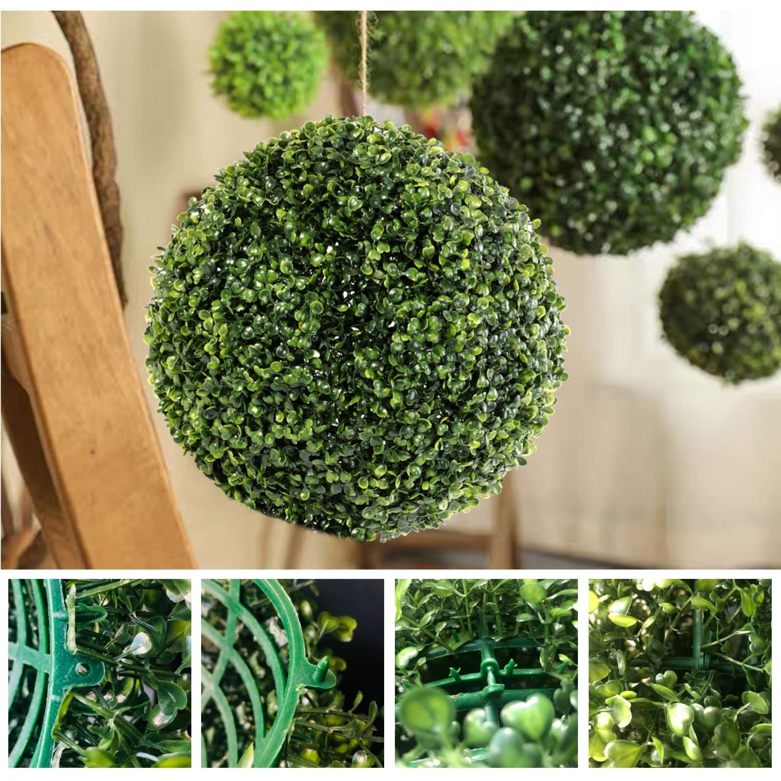 Coregreen Artificial Plant Topiary Ball 2 PCS 13.8Inch 4 Layers Faux Round Boxwood Decorative Balls for Backyard, Balcony, Garden, Wedding Party, Home Office Decor (13.8inch)